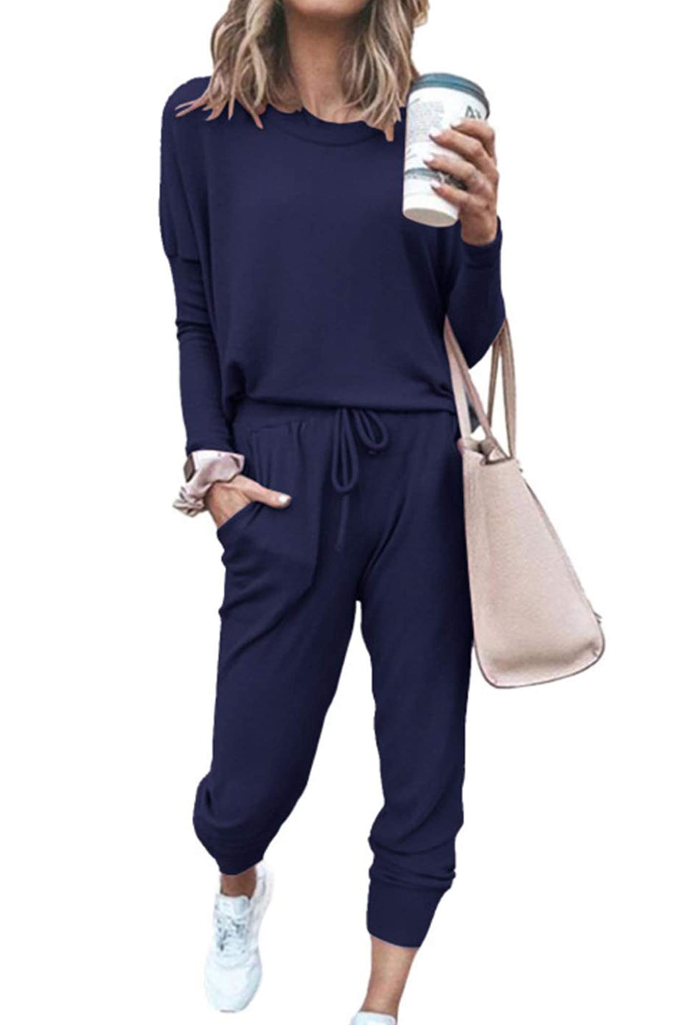 PRETTYGARDEN Women's Fall 2 Piece Lounge Outfit Long Sleeve Crewneck Pullover Tops High Waisted Pants Set Tracksuit (Navy,3X-Large)
