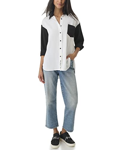 Karl Lagerfeld Paris Women's Soft Long Sleeve Colorblock Everyday Fashion Sport Blouse, White Black, X-Small