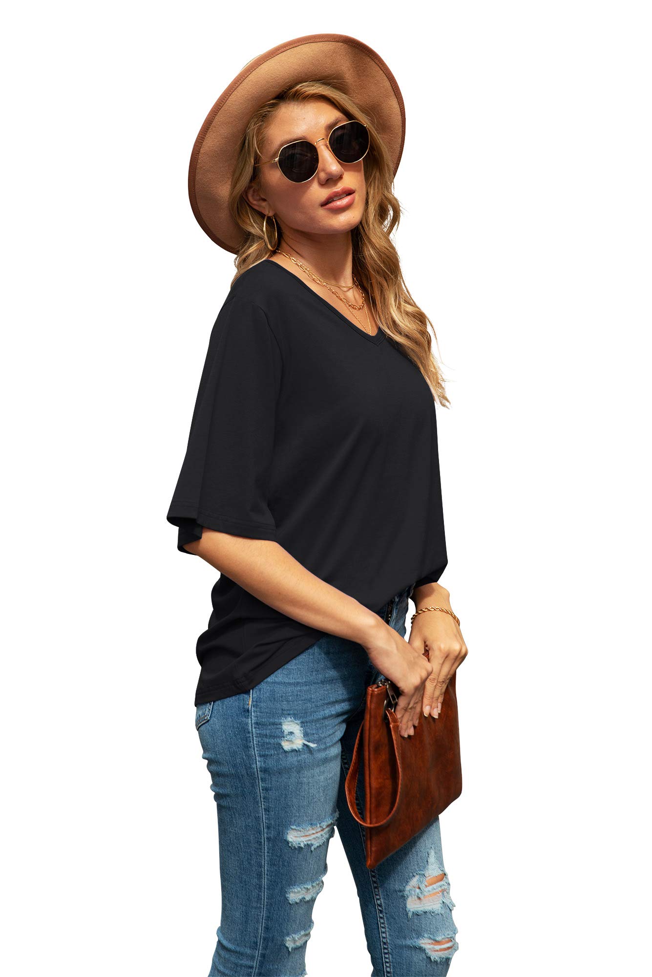 SUEANI Women's Summer V-Neck 3/4 Bell Sleeve Loose Shirt Casual Basic Top(Medium, Black)