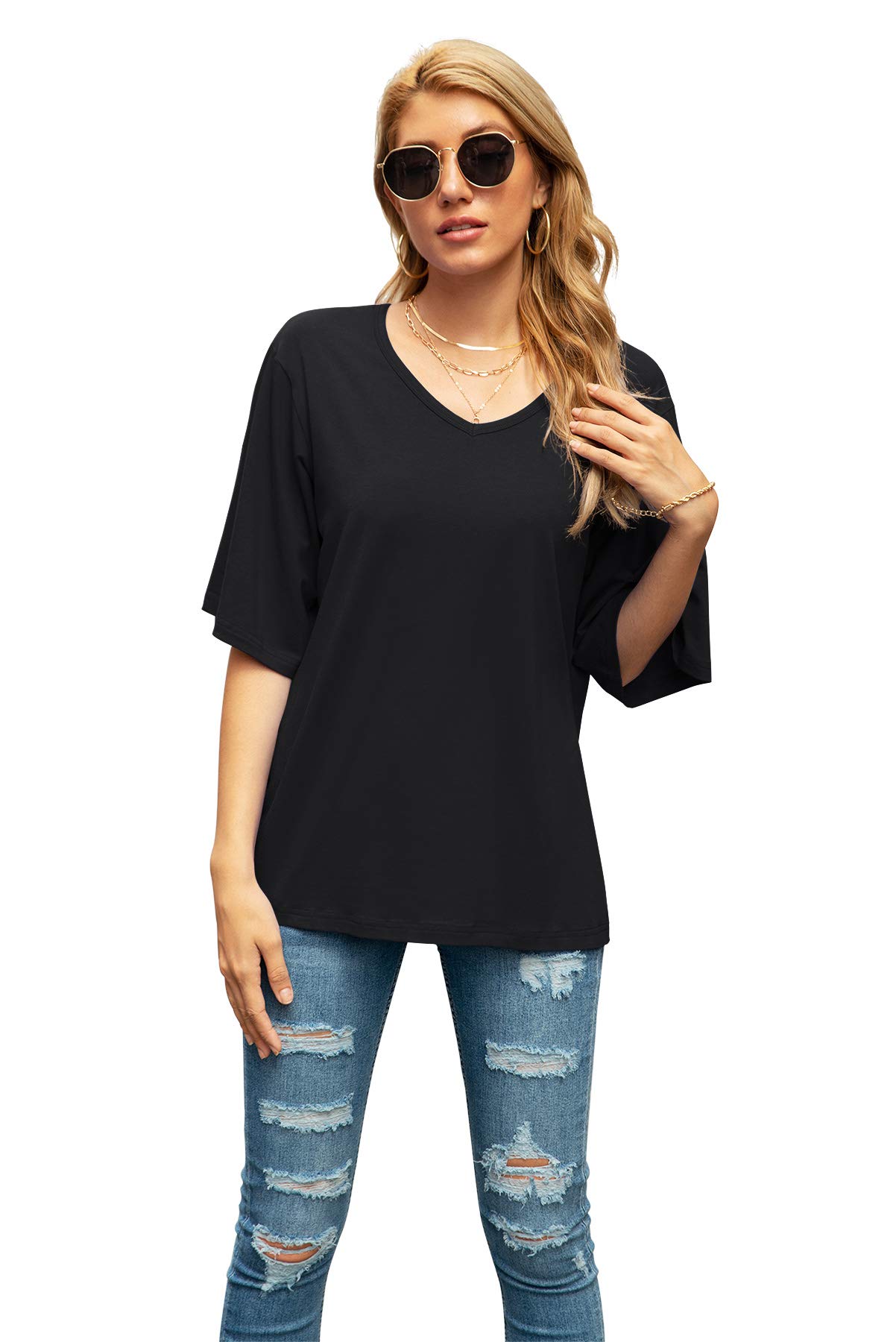 SUEANI Women's Summer V-Neck 3/4 Bell Sleeve Loose Shirt Casual Basic Top(Medium, Black)