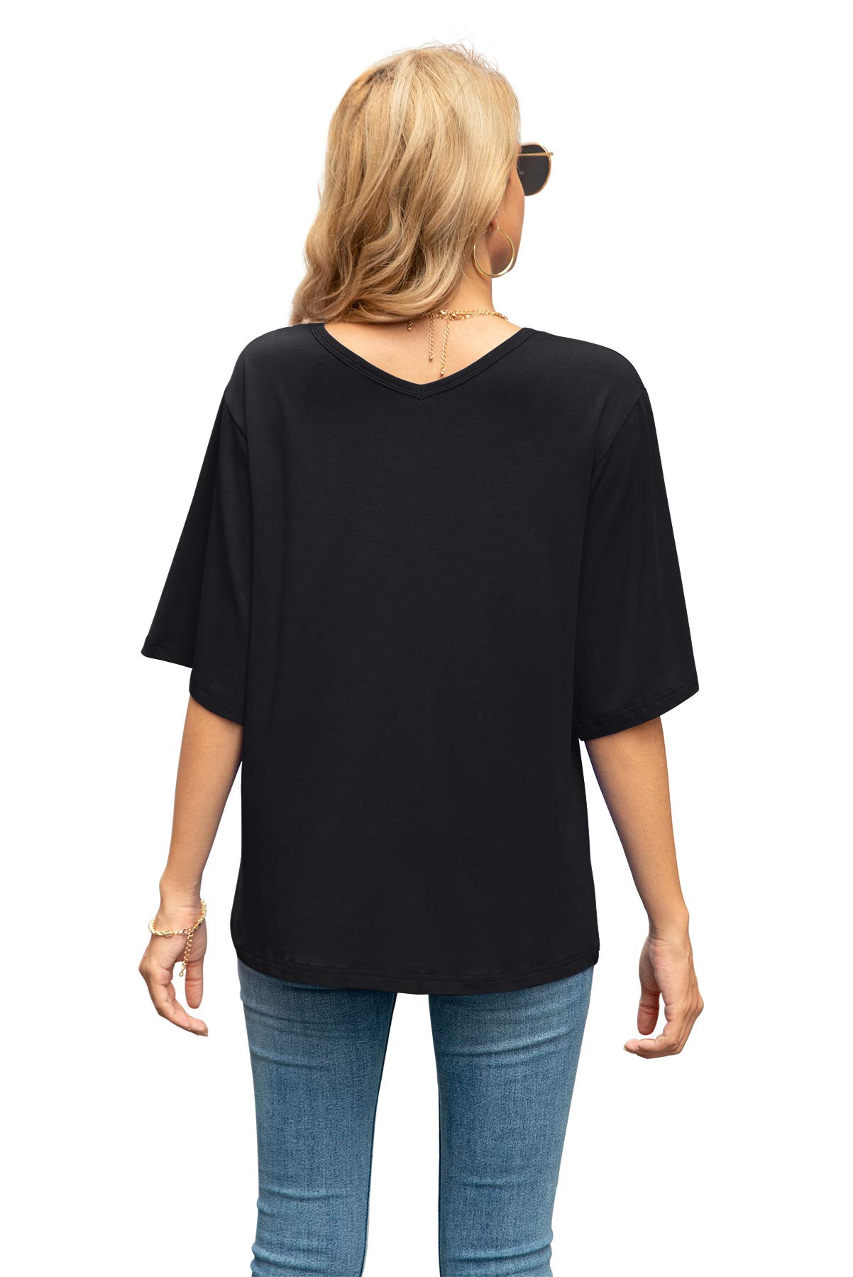 SUEANI Women's Summer V-Neck 3/4 Bell Sleeve Loose Shirt Casual Basic Top(Medium, Black)