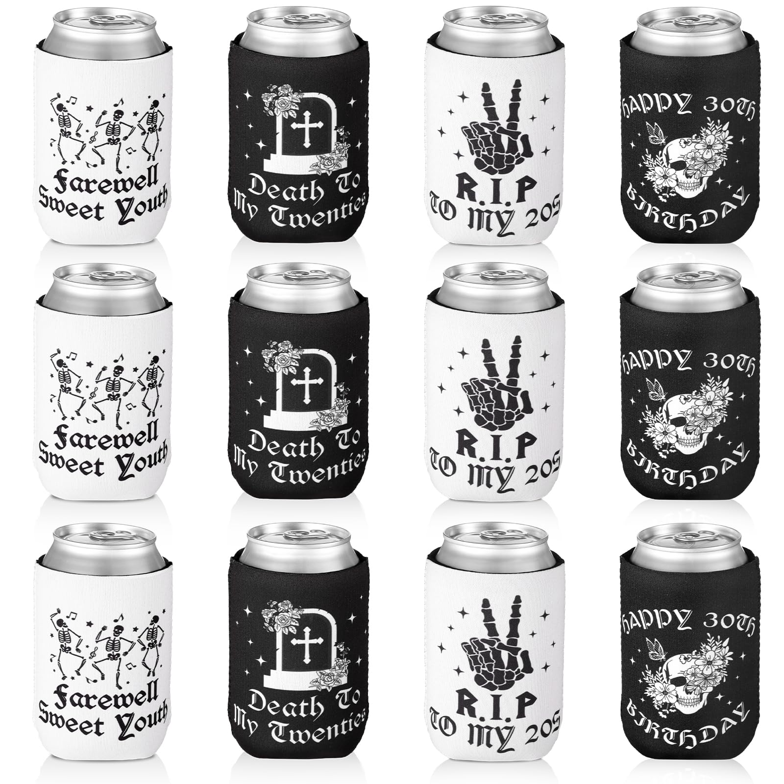 16PCS Gothic 30th Birthday Party Can Sleeves Death to My 20s Can Cooler Party Supplies RIP Cheer Youth Bachelorette Beverage Sleeves Favor for Birthday Bachelorette Party Halloween Party Decorations