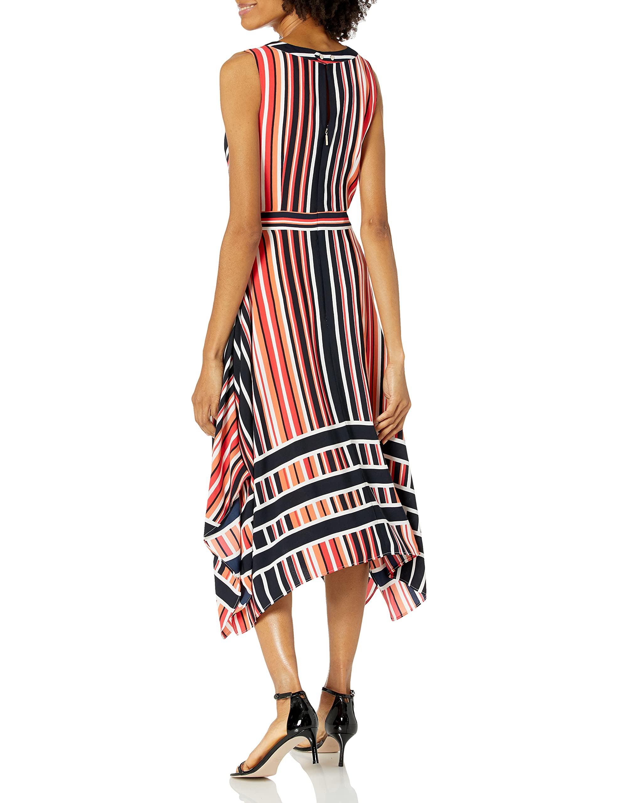 Karl Lagerfeld Paris Striped Hammered Crepe Asymmetrical Hem Midi Dress, Paradise Pink Multi, 10