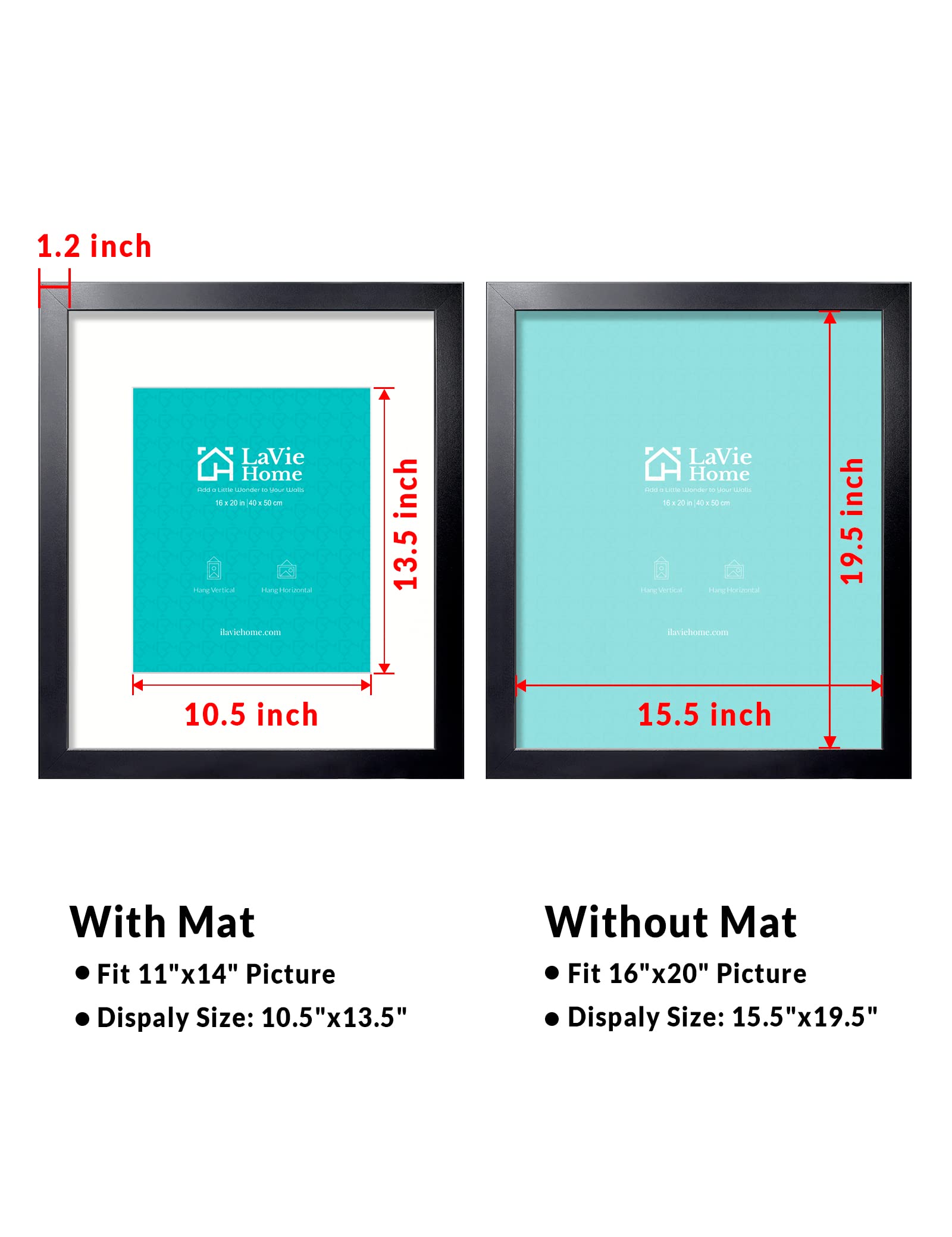 LaVie Home 16x20 Picture Frame Black Poster Frame,Display Pictures 11x14 with Mat or 16x20 Without Mat, Stable and Sturdy Frame and Polished Plexiglass, Horizontal and Vertical Format of The Walls