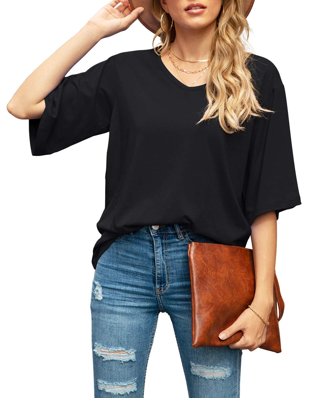 SUEANI Women's Summer V-Neck 3/4 Bell Sleeve Loose Shirt Casual Basic Top(Medium, Black)