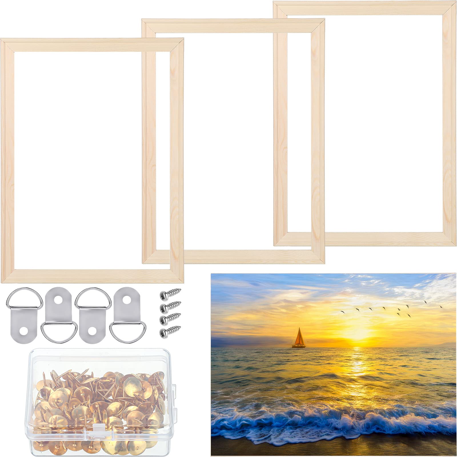 Qunclay 17 Pcs Canvas Stretcher Bars Canvas Frame with Accessories DIY Canvas Stretcher Bars Wooden Canvas Stretcher Arts Stretching Canvas Kit for Painting Photo Posters Supplies (12 x 16 Inch)