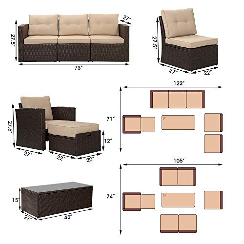 Outdoor Patio Furniture Sets 8-Piece Aluminum Patio Conversation Sets, All Weather Wicker Rattan Sectional Couch Sofa Set with Glass Coffee Table & Single Sofa with Ottoman (Brown/Beige)