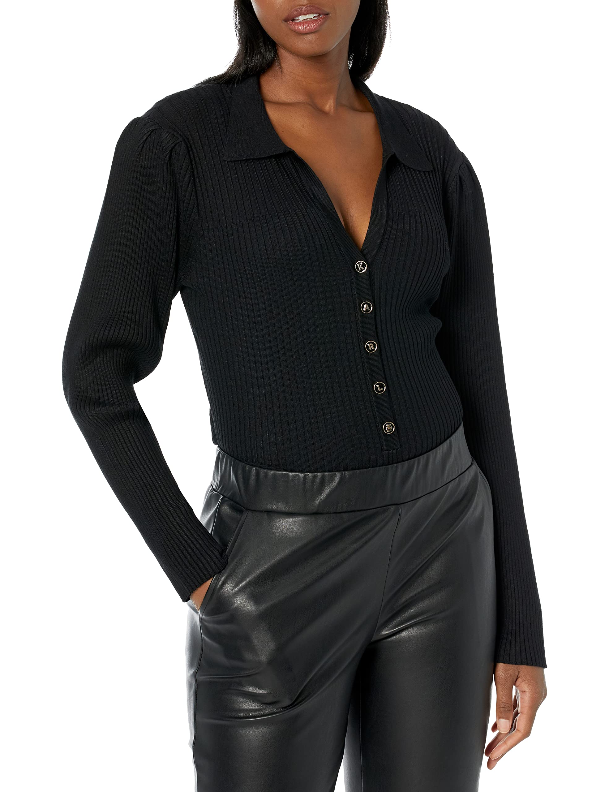 KARL LAGERFELD PARIS Women's Long Button Sleeve Sweater, Black, Large