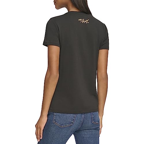 Karl Lagerfeld Paris Women's Logo Tee Zipper Shoulder Detail Short Sleeve, Black