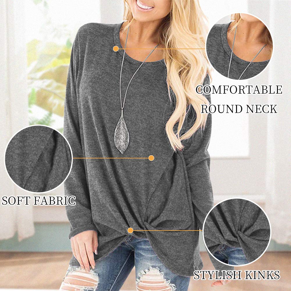 SHIBEVER Long Sleeve Women Tops: Fall Casual Tunic Shirts for Womens Round Neck Twist Knotted Tee Blouses Dark Grey M