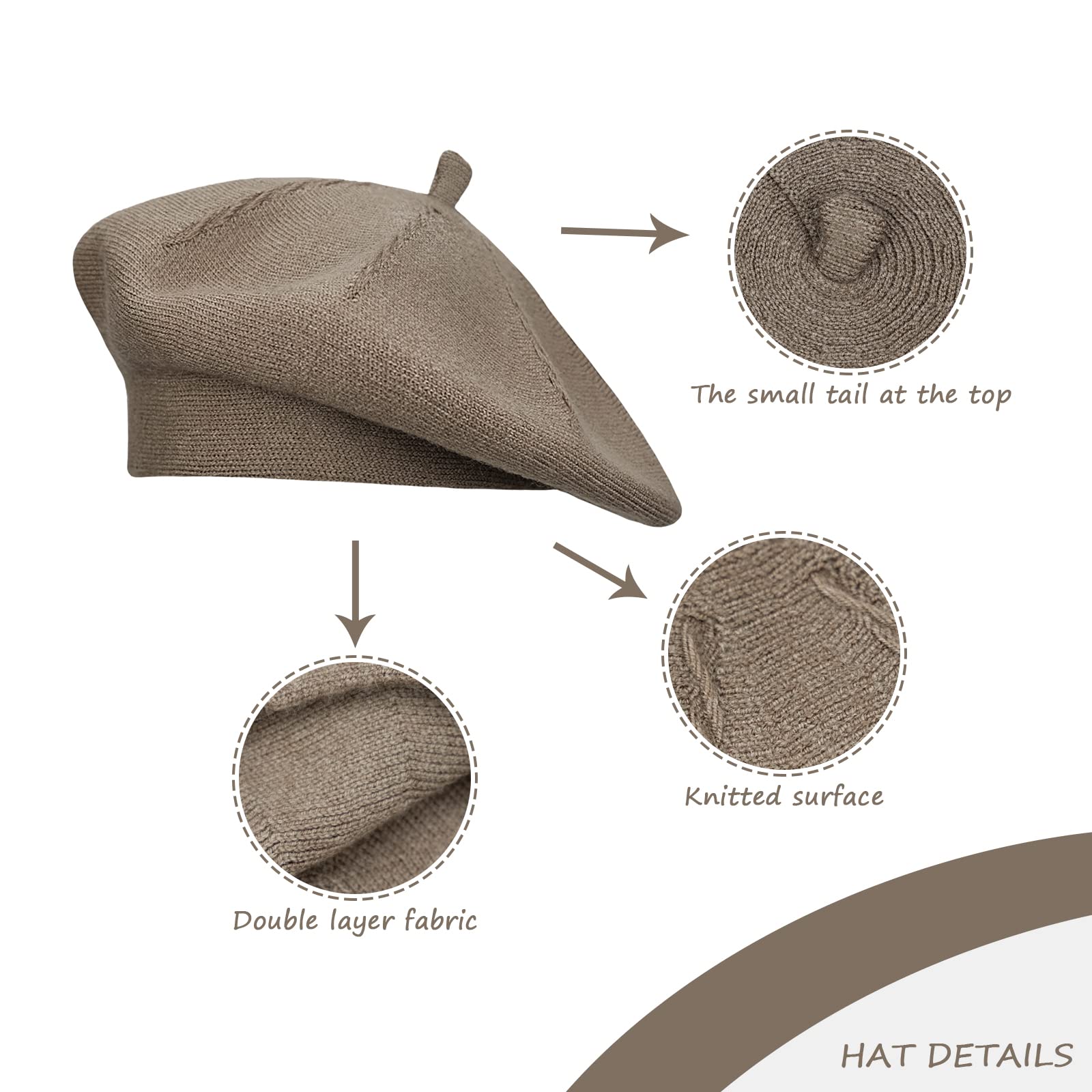 Gllutt Cashmere Beret Hat French Style Stretchy Knitting Solid Color Both Side Usable (Coffee)