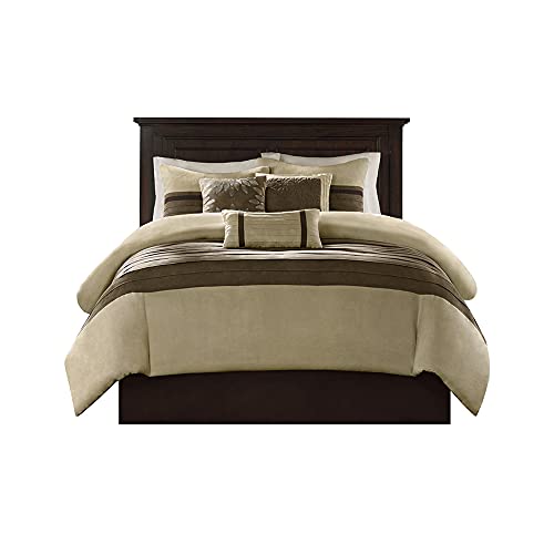 Madison Park Palmer Comforter Set - Faux Suede Design, Striped Accent, All Season Down Alternative Bedding, Matching Shams, Decorative Pillow, Bed Skirt, King (104 in x 92 in), Natural 7 Piece