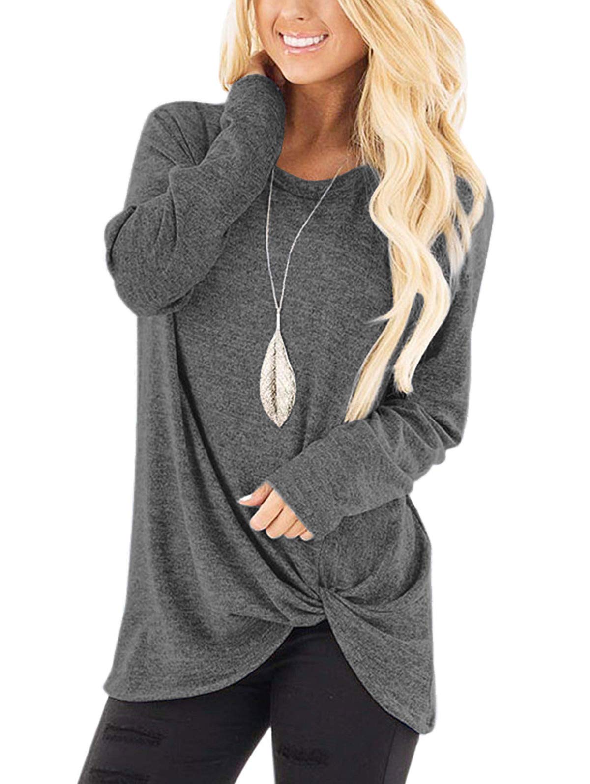 SHIBEVER Long Sleeve Women Tops: Fall Casual Tunic Shirts for Womens Round Neck Twist Knotted Tee Blouses Dark Grey M