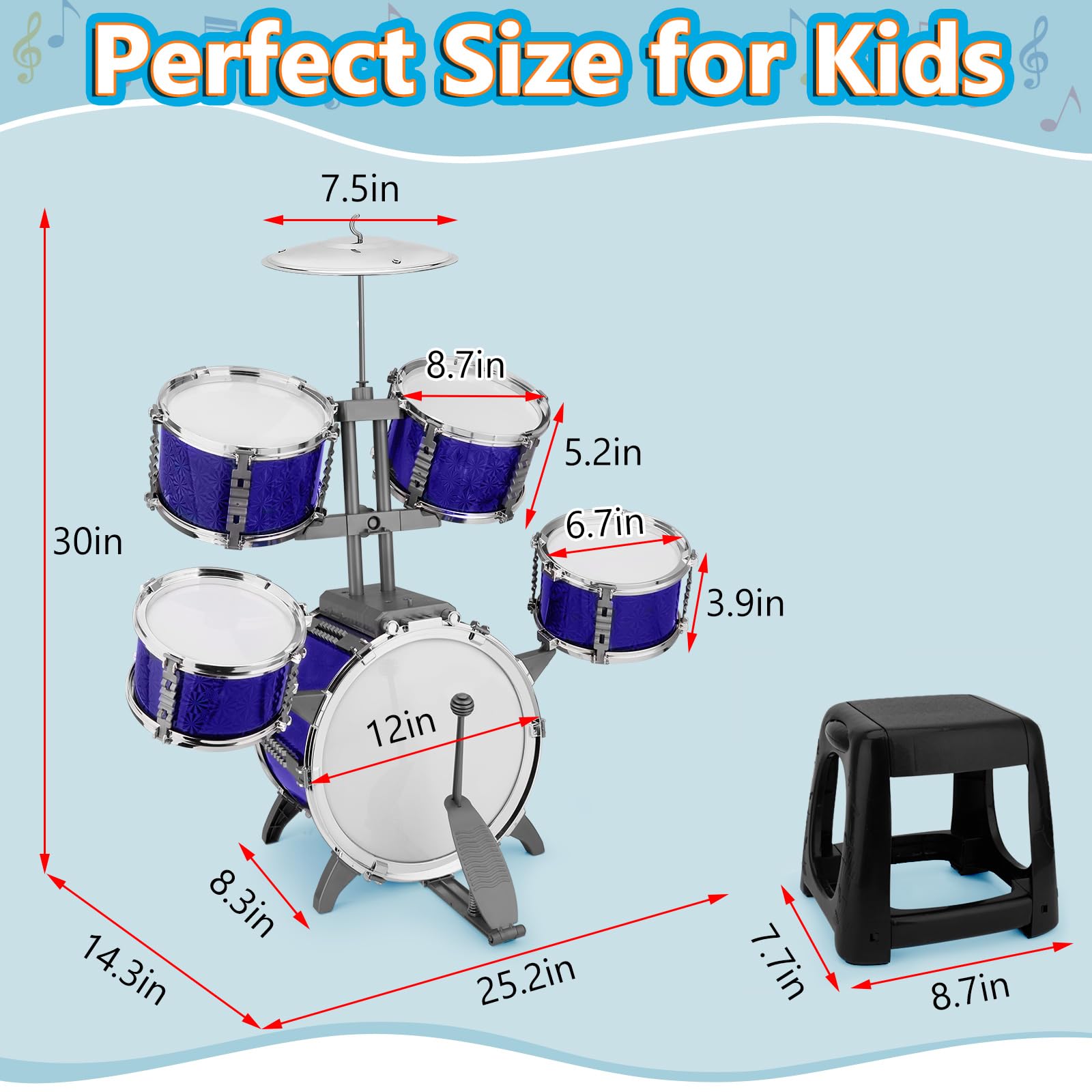 Kids Drum Set 5 Piece Toddlers Jazz Drum Kit with Stool Musical Instrument Toys for 3 4 5 6 7 Year Old Boys Girls Birthday Gift