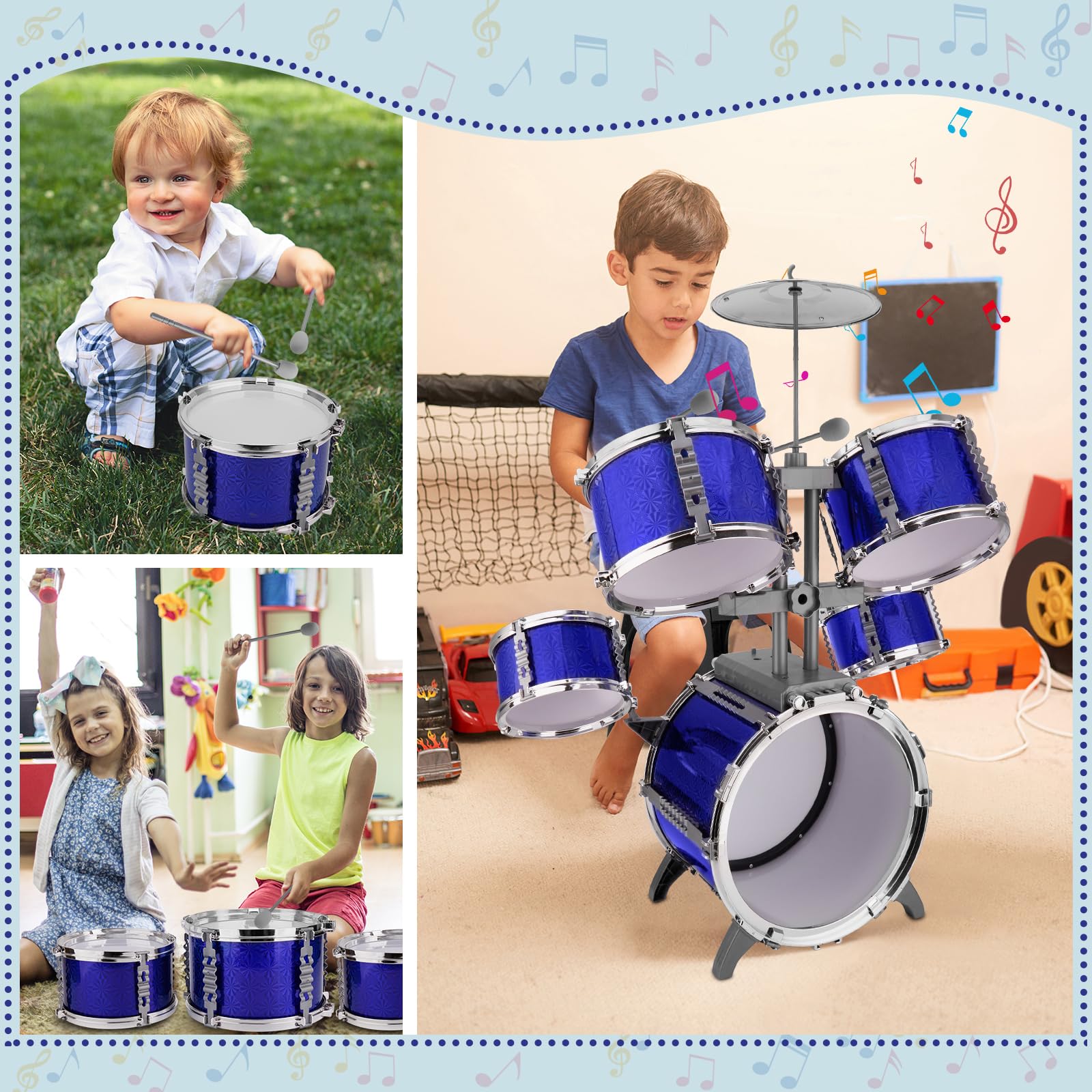 Kids Drum Set 5 Piece Toddlers Jazz Drum Kit with Stool Musical Instrument Toys for 3 4 5 6 7 Year Old Boys Girls Birthday Gift