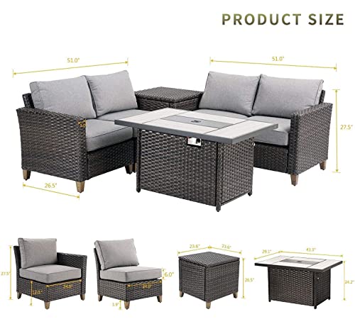 Grand patio Sofa Sets 6 Pieces Luxury Conversation Set with Fire Pit Table, Heavy Duty Rattan Patio Furniture Sectional with Thick Cushions for Yard Garden Porch(Brown Set with Fire Table, 6 PCS)