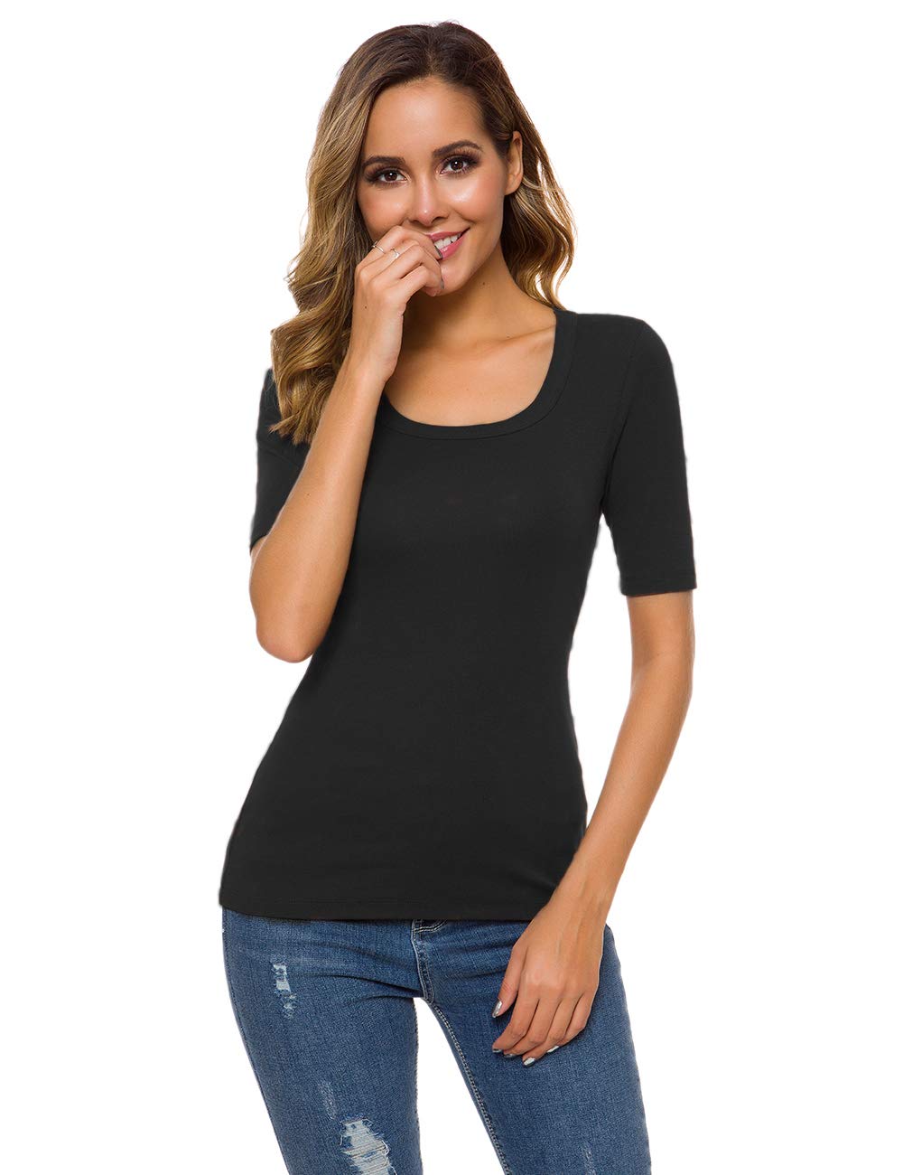 Womens Square U Neck Short Sleeve Basic Tee Tops Fitted Cotton T-Shirts for Summer Winter Layer (S, Black)