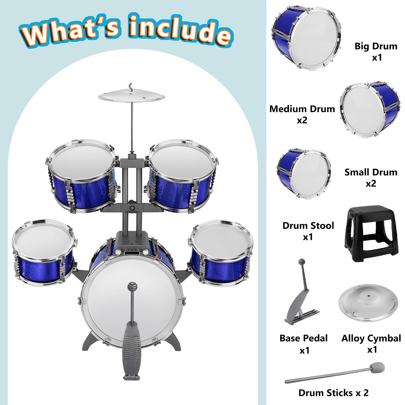 Kids Drum Set 5 Piece Toddlers Jazz Drum Kit with Stool Musical Instrument Toys for 3 4 5 6 7 Year Old Boys Girls Birthday Gift