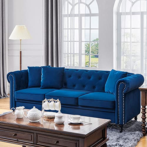 kinmars Chesterfield Sofa Velvet,3 Seater Couch Furniture,Couches for Living Room with Deep Button Tufting,Large Sofa with Rolled Arms (Blue)