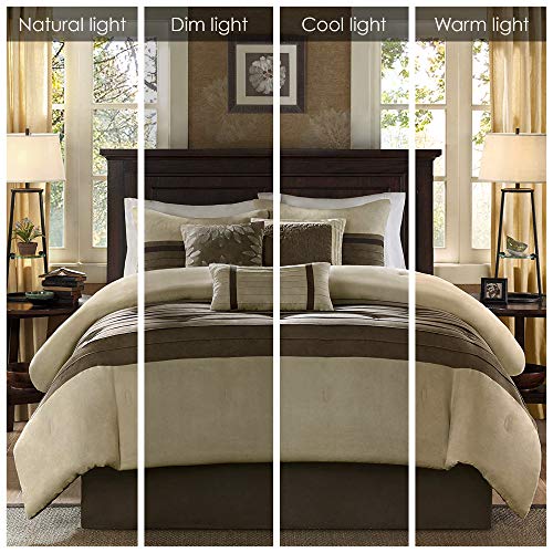 Madison Park Palmer Comforter Set - Faux Suede Design, Striped Accent, All Season Down Alternative Bedding, Matching Shams, Decorative Pillow, Bed Skirt, King (104 in x 92 in), Natural 7 Piece