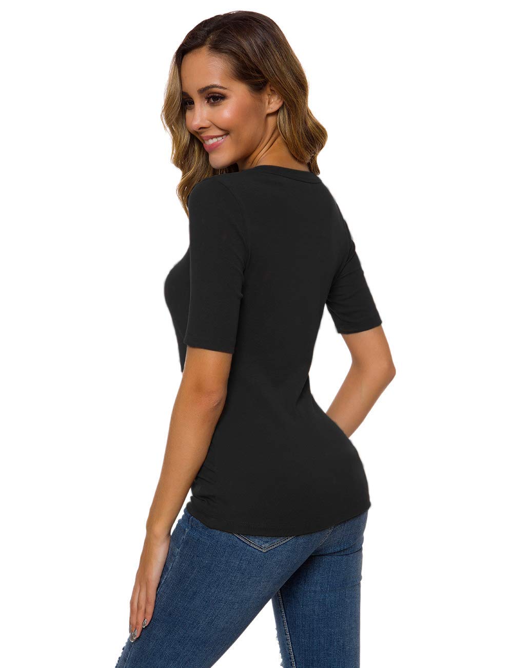 Womens Square U Neck Short Sleeve Basic Tee Tops Fitted Cotton T-Shirts for Summer Winter Layer (S, Black)