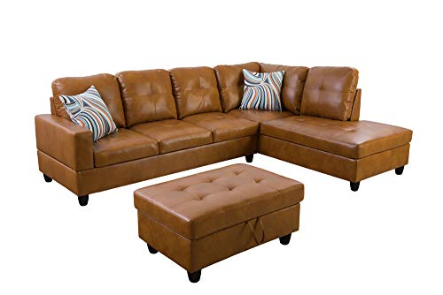 GEBADOL Lifestyle Furniture 103" Wide 3 Piece Sectional Sofa Couch Set, L-Shaped Modern Sofa with Chaise Storage Ottoman and Pillows,Faux Leather, Right Facing.