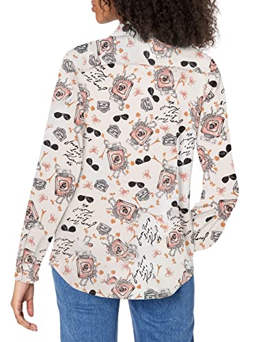 Karl Lagerfeld Paris Women's Long Sleeve Whimsical Blouse, Soft White Multi, X-Large