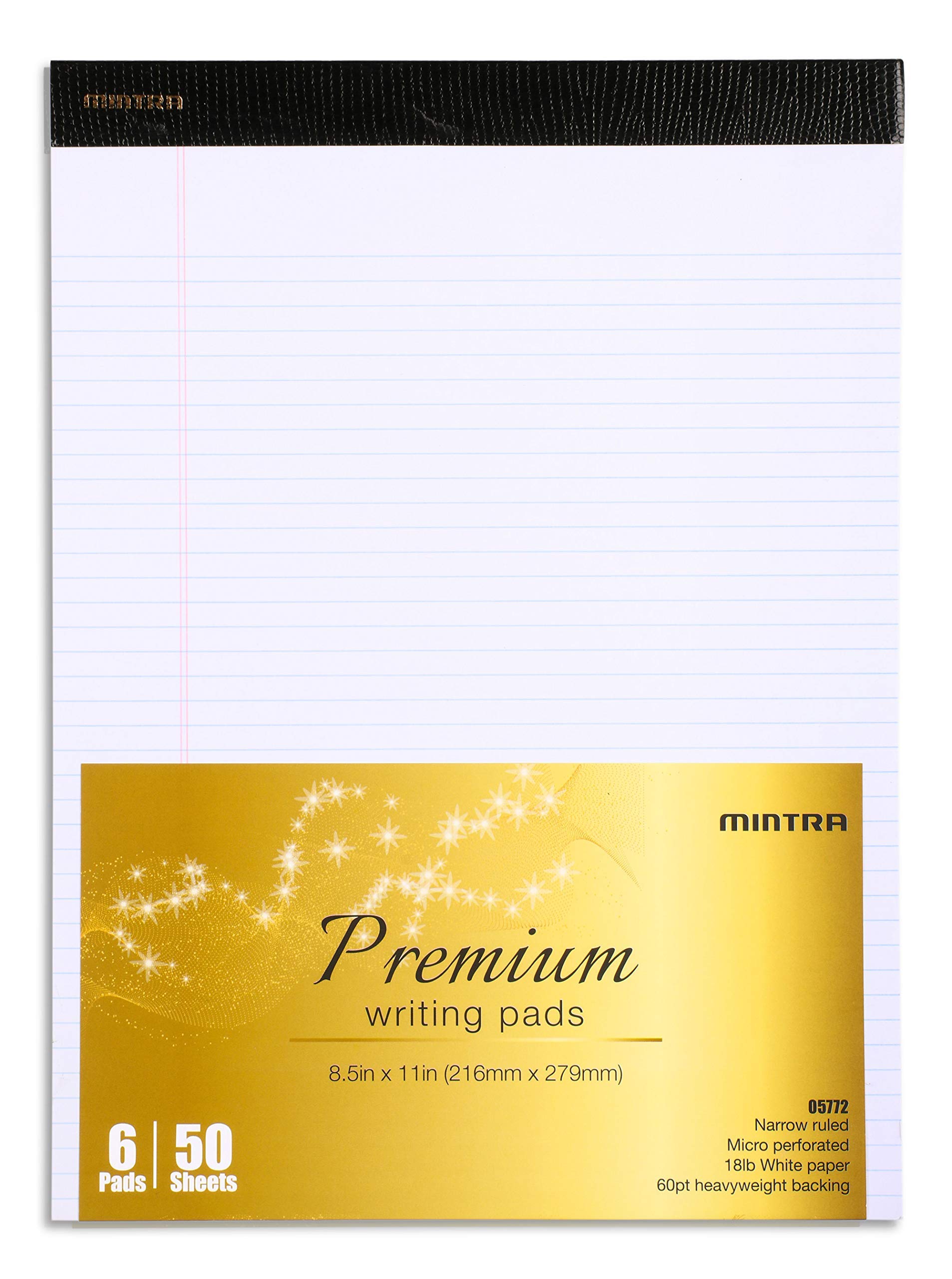 Mintra Office Legal Pads - ((PREMIUM WHITE 6pk, 8.5in x 11in, NARROW RULED)) - 50 Sheets per Notepad, Micro perforated Writing Pad, Notebook Paper for School, College, Office, Professional