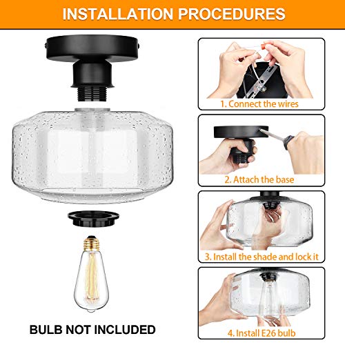 Industrial Semi-Flush Mount Ceiling Light, Seeded Glass Pendant Lamp Shade, Black Farmhouse Lighting for Hallway Porch Corridor Kitchen Bedroom, Modern Indoor Hanging Light Fixtures, Bulb Not Included