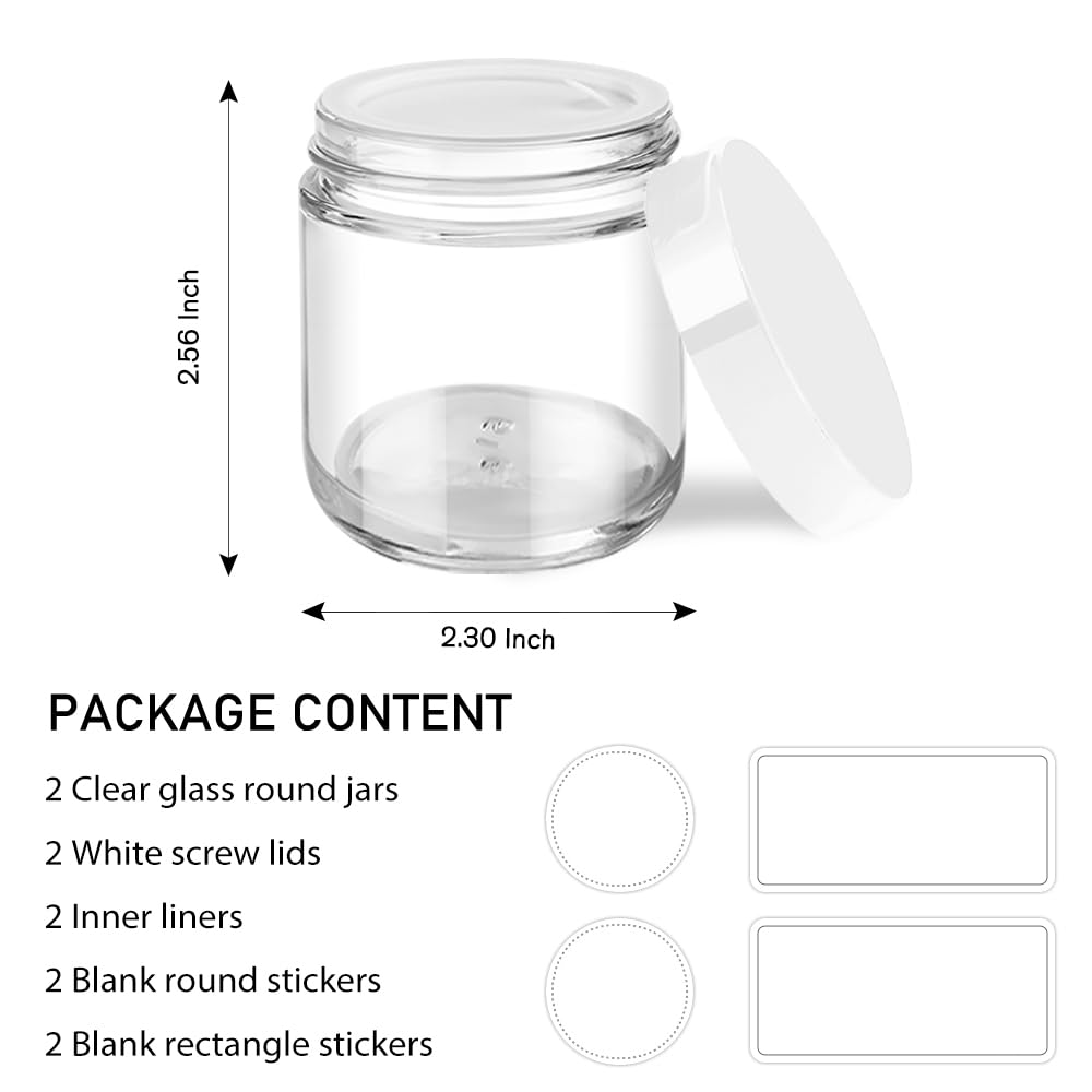 2 Pack Small Glass Jar with Lid, Tecohouse 4 oz Glass Jars with Stickers, Glass Lotion Jars with Lids & Inner Liners, Toiletries Container for Slime, Makeup, Cream, Lotion, Cosmetic