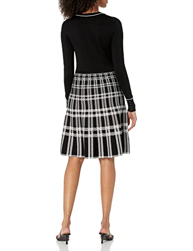 KARL LAGERFELD PARIS WOMEN'S DRESSES womens A-line Sweater Knit With Plaid Skirt Casual Dress, Black Soft White, Small US