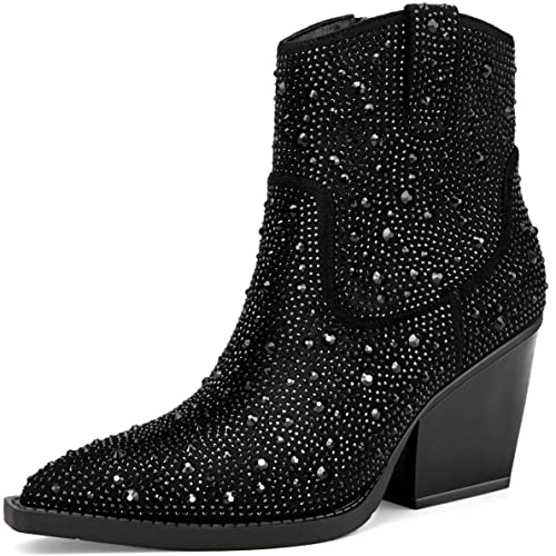 OOHRHN Women's Color Rhinestone Boots Glitter Sparkly Cowboy Booties Chunky Block Heel Pearl Detail Pointed Toe Bridal Wedding Western Ankle Boots Cowgirl Short Boots Black Stone PU Size US 8.5