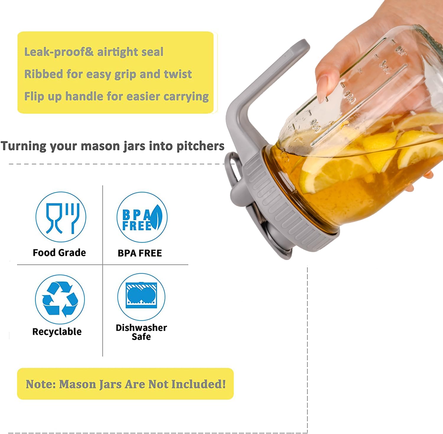 CONNYAM 4 Pack Mason Jar Flip Cap Lids with Handle, Compatible with Ball & Kerr, Airtight and Leak-Proof Seal, Easy Pouring Spout, Turns Jars into Pitchers