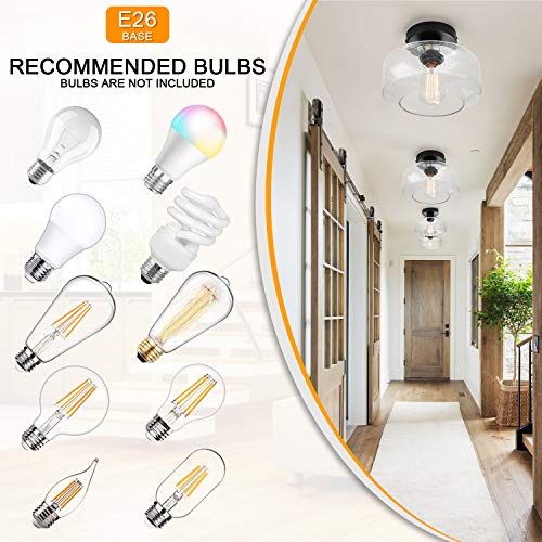 Industrial Semi-Flush Mount Ceiling Light, Seeded Glass Pendant Lamp Shade, Black Farmhouse Lighting for Hallway Porch Corridor Kitchen Bedroom, Modern Indoor Hanging Light Fixtures, Bulb Not Included