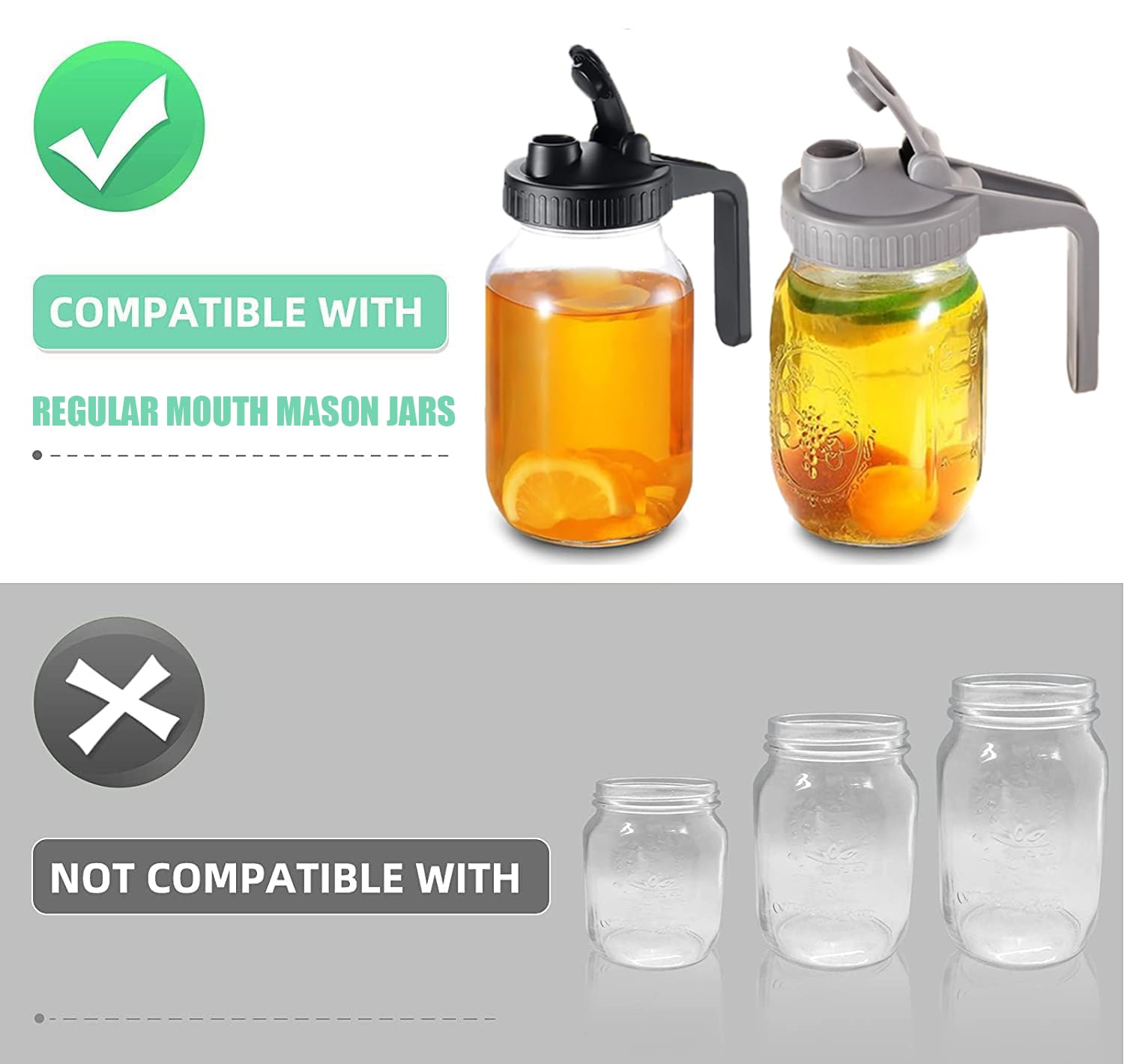 CONNYAM 4 Pack Mason Jar Flip Cap Lids with Handle, Compatible with Ball & Kerr, Airtight and Leak-Proof Seal, Easy Pouring Spout, Turns Jars into Pitchers