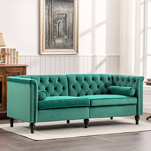 TTGIEET 76'' W Velvet Sofa Mid-Century Modern Love Seats, 3 Seater Sofa Couch with Two Bolster Pillows, Tufted futon Sofa Furniture for Living Room Bedroom Office ďźGreenďź