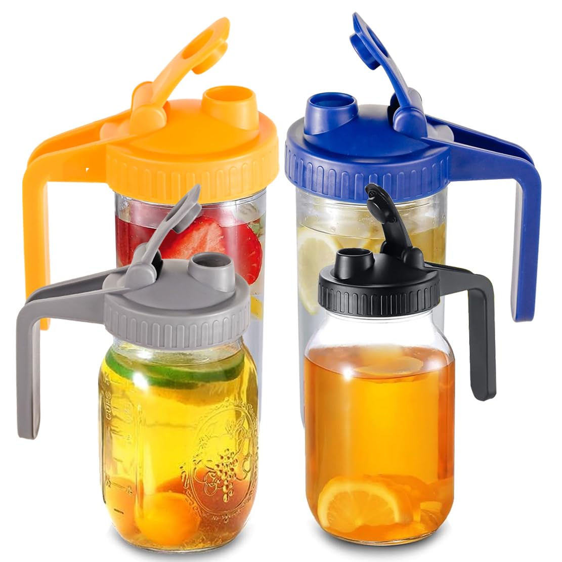 CONNYAM 4 Pack Mason Jar Flip Cap Lids with Handle, Compatible with Ball & Kerr, Airtight and Leak-Proof Seal, Easy Pouring Spout, Turns Jars into Pitchers