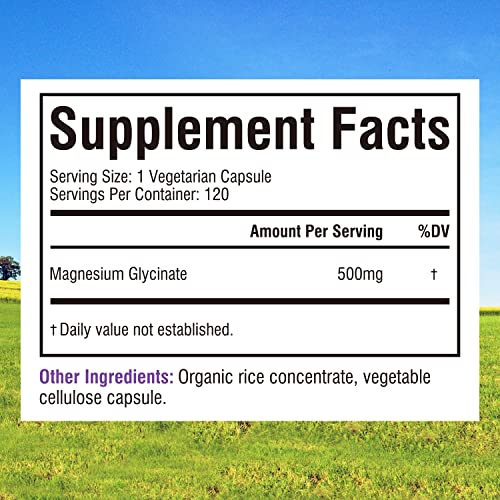 Magnesium Glycinate 500mg per Caps, 120 Veggie Caps, Chelated for Maximum Absorption, Non-GMO, NO Gluten Dairy & Soy, Supports Muscle, Joint, and Heart Health