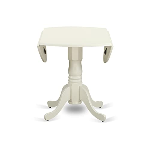 East West Furniture DLAB3-LWH-02 3Pc Round 42" Dining Room Table With Two 9-Inch Drop Leaves And 2 Parson Chair White Leg And Linen Fabric Light Beige, 3 Pieces