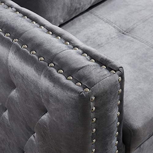 HABITRIO Sectional Sofa with Pull Out Bed, Solid Wood & Velvet Upholstered 2 Seats Sofa and Reversible Chaise Lounge w/Storage, Modern Design 91" L-Shaped Sleeper Sofa for Living Room, Grey