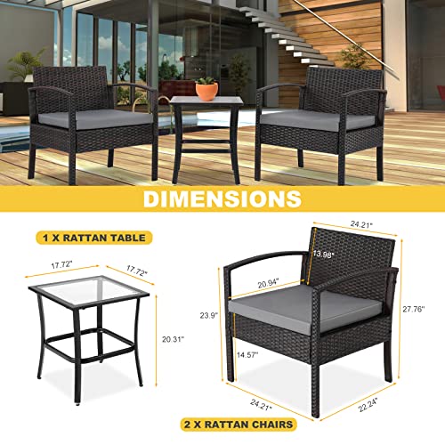 Whubefy 3 Pieces Patio Furniture Set, Rattan Wicker Bistro Set Table and 2 Chair with Washable Cushion for Garden Poolside Balcony