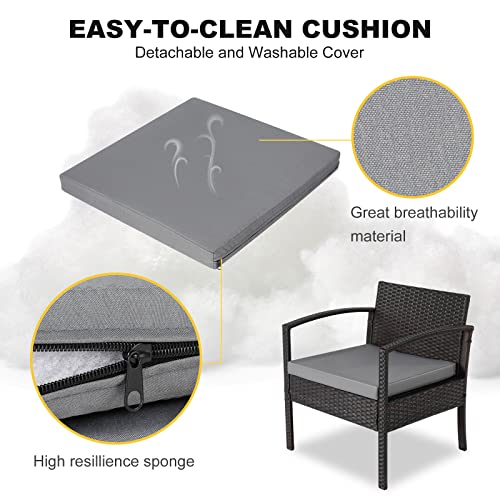 Whubefy 3 Pieces Patio Furniture Set, Rattan Wicker Bistro Set Table and 2 Chair with Washable Cushion for Garden Poolside Balcony