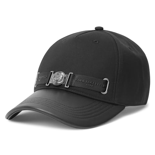Karl Lagerfeld Paris Men's Leather Brim Metal Logo Cap, Black_Crest