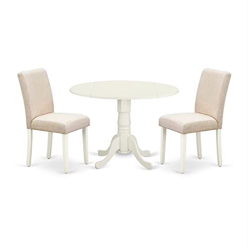 East West Furniture DLAB3-LWH-02 3Pc Round 42" Dining Room Table With Two 9-Inch Drop Leaves And 2 Parson Chair White Leg And Linen Fabric Light Beige, 3 Pieces