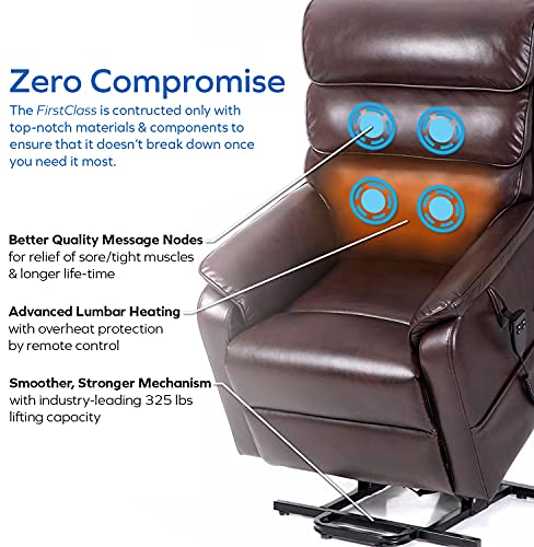 FirstClass™ Sleep-to-Stand Lift Chair 2.0, Sleeper Chair for Sleeping, Relaxation, Lay-Flat Recliner, 2 Motor for Independent Back and Foot Adjust, Recliner Massage Chair with Heat Included, Brown
