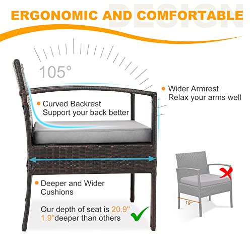 Whubefy 3 Pieces Patio Furniture Set, Rattan Wicker Bistro Set Table and 2 Chair with Washable Cushion for Garden Poolside Balcony