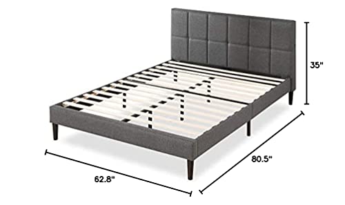 ZINUS Lottie Upholstered Platform Bed Frame with Short Headboard and USB Ports / Mattress Foundation / Wood Slat Support / No Box Spring Needed / Easy Assembly, Grey, Queen