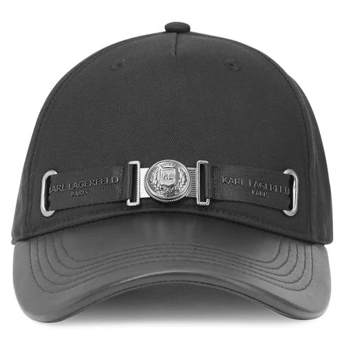 Karl Lagerfeld Paris Men's Leather Brim Metal Logo Cap, Black_Crest
