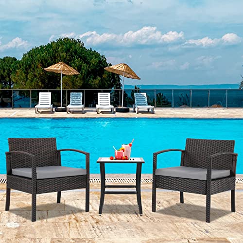 Whubefy 3 Pieces Patio Furniture Set, Rattan Wicker Bistro Set Table and 2 Chair with Washable Cushion for Garden Poolside Balcony