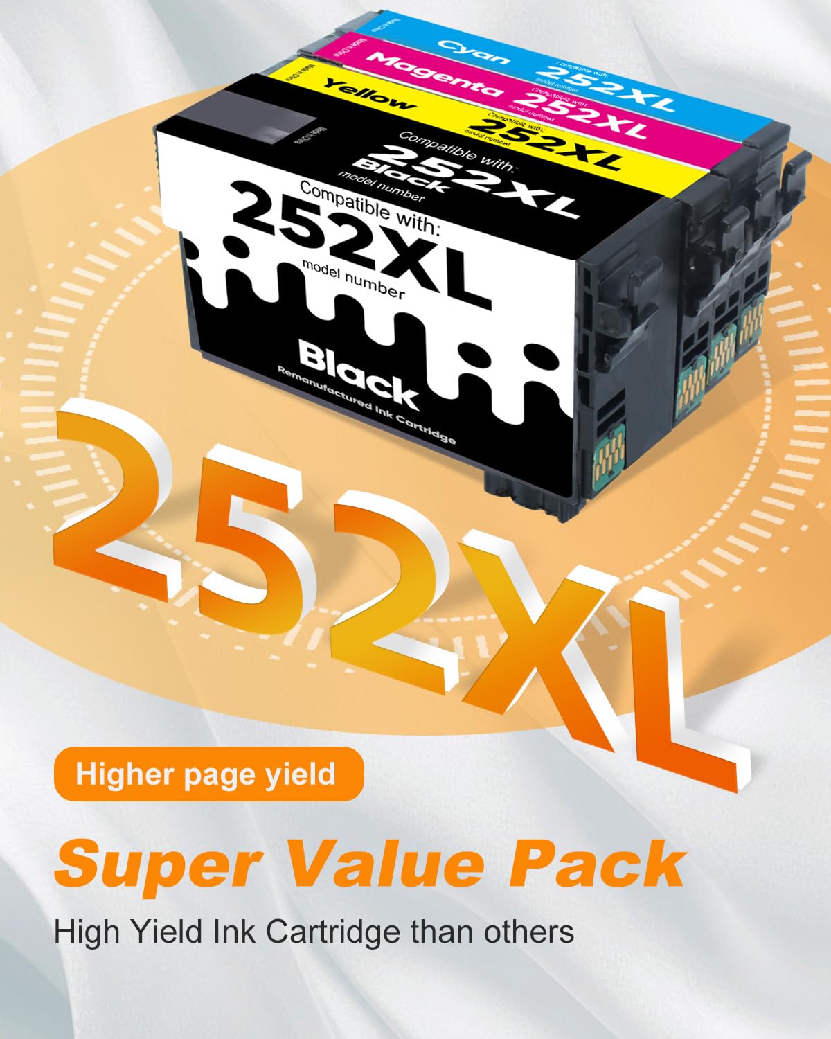 252 XL 252XL Ink Cartridges Remanufactured Replacement for Epson 252XL Ink Cartridges Combo Pack, T252 Ink Cartridges for Epson Printer WF-3640 WF-7720 WF-3620 WF-7710 WF-7620 WF-7610 WF-7210(4 Pack)